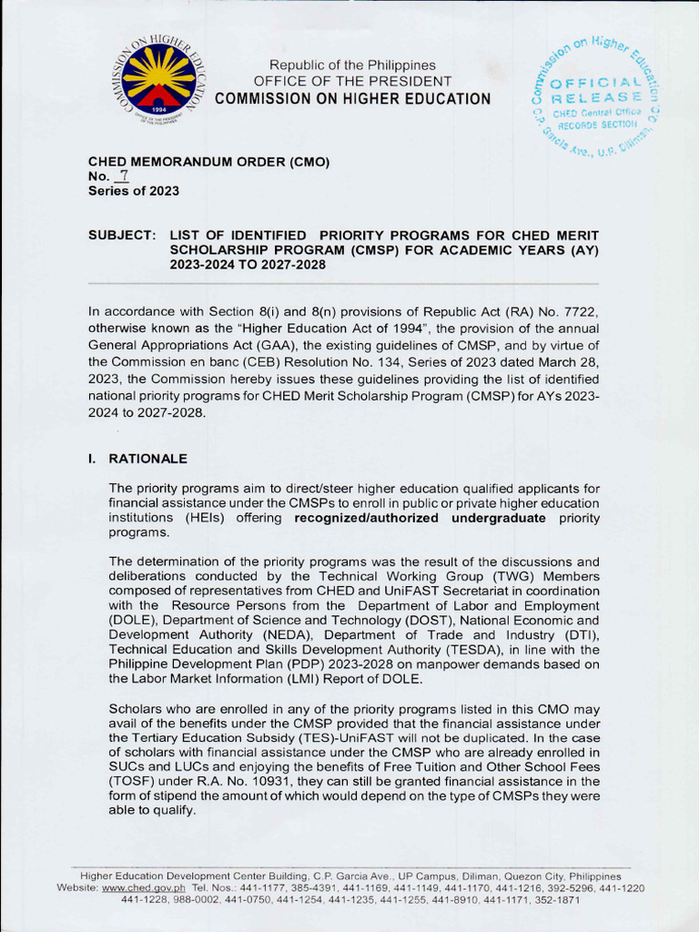 CMO-NO.-7-S.-2023 List of Priority Programs | PDF