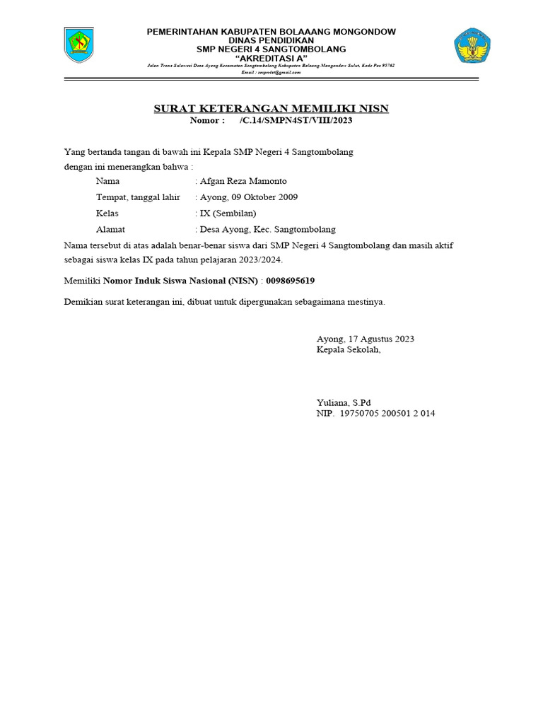 Surat Keterangan Nisn | PDF