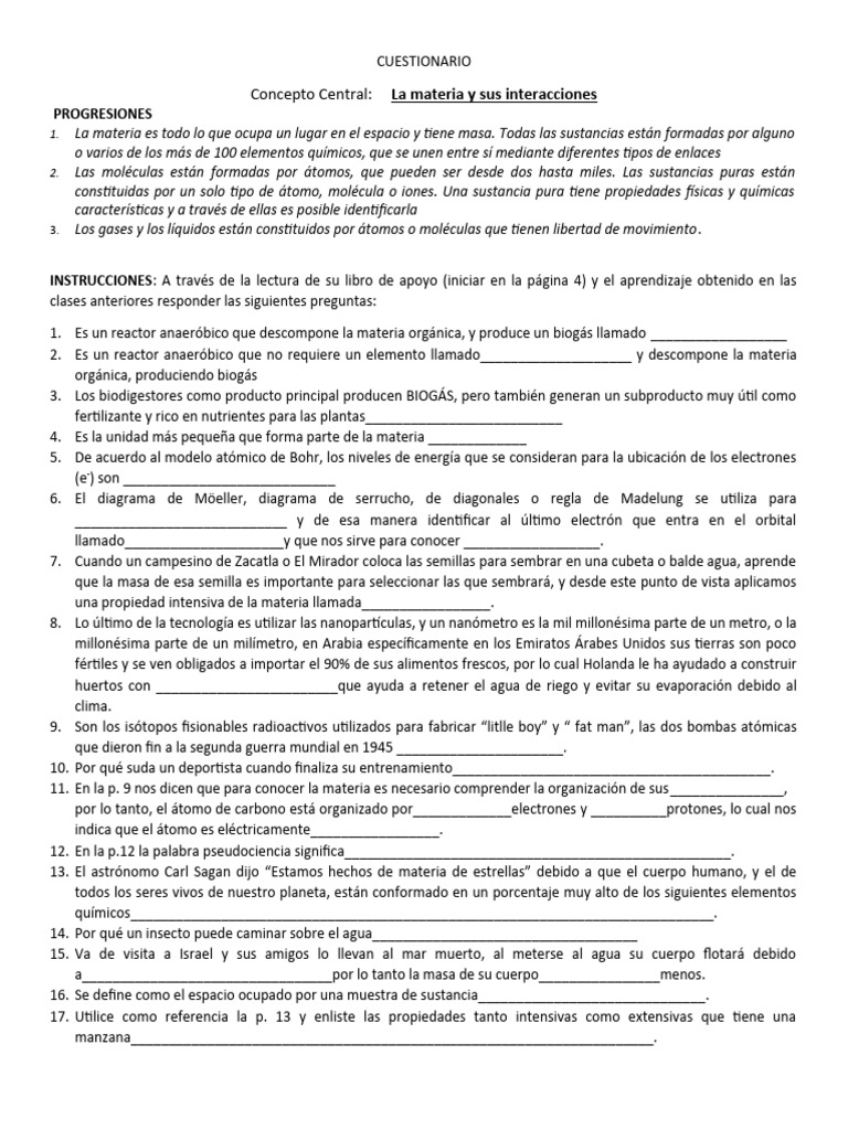 Cuestionario 1 La Materia Y Sus Interacciones Pdf Importar