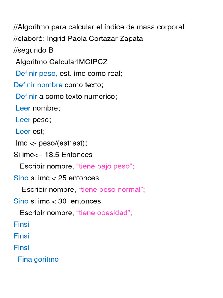 Algoritmo para Calcular El Índice de Masa Corporal | PDF