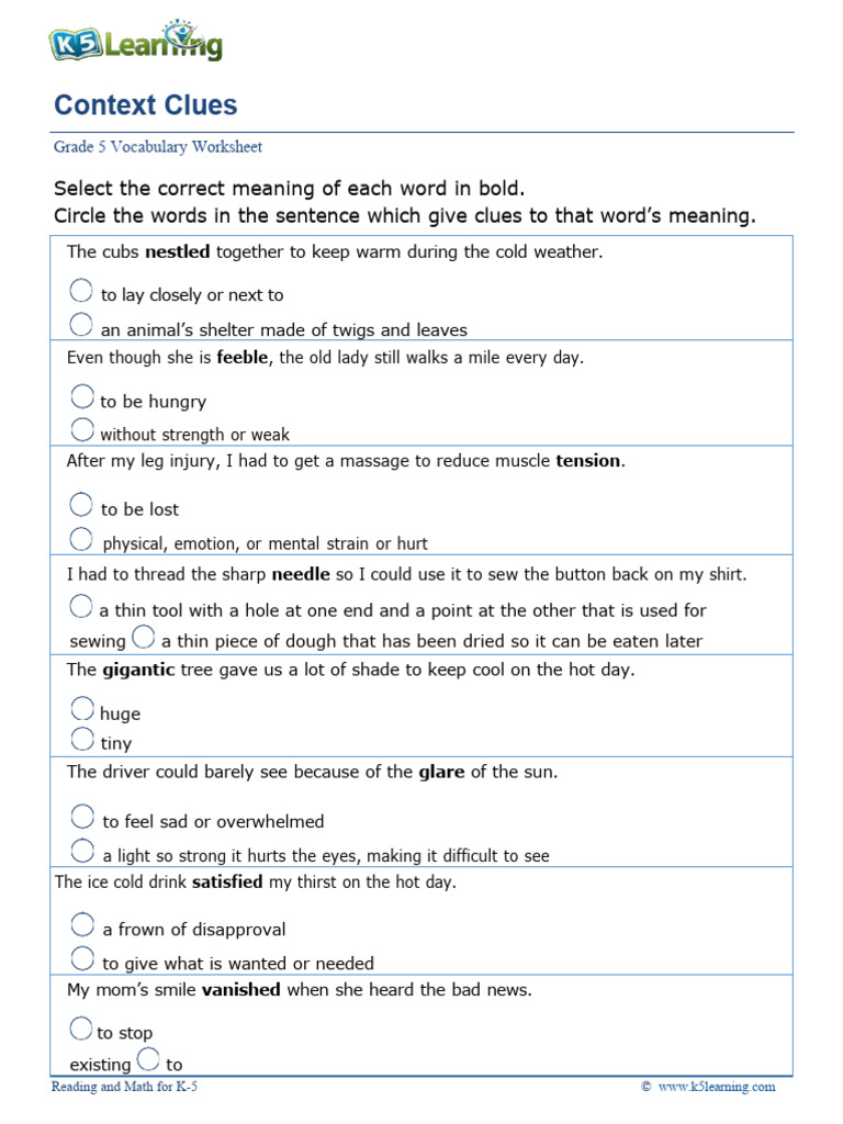 Grade 5 Context Clues Worksheet | PDF