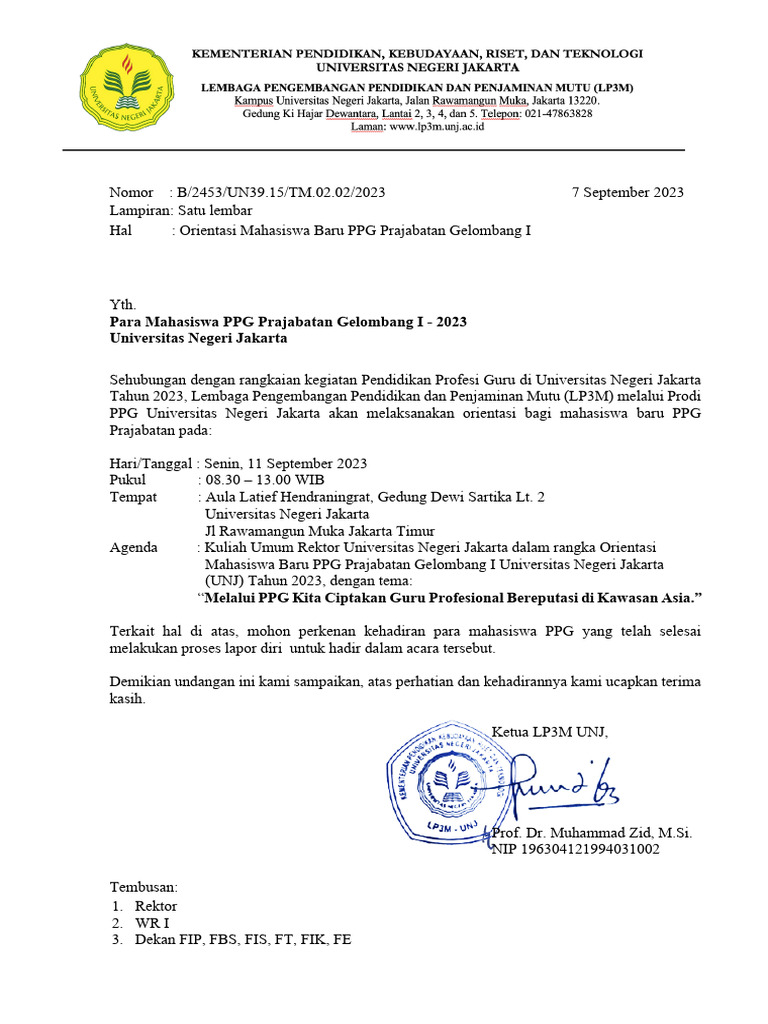 Surat Undangan Ke Mahasiswa, Orientasi PPG Prajabatan Gel 1 - 110923 ...