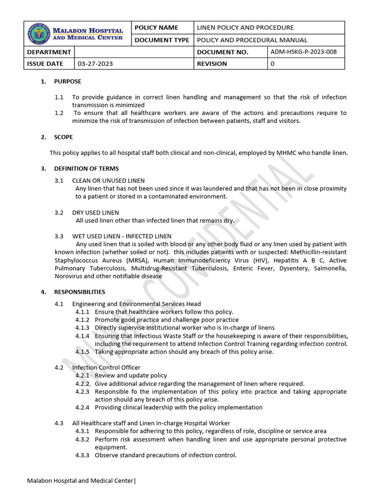 Linen Policy and Procedure | PDF | Infection | Diseases And Disorders