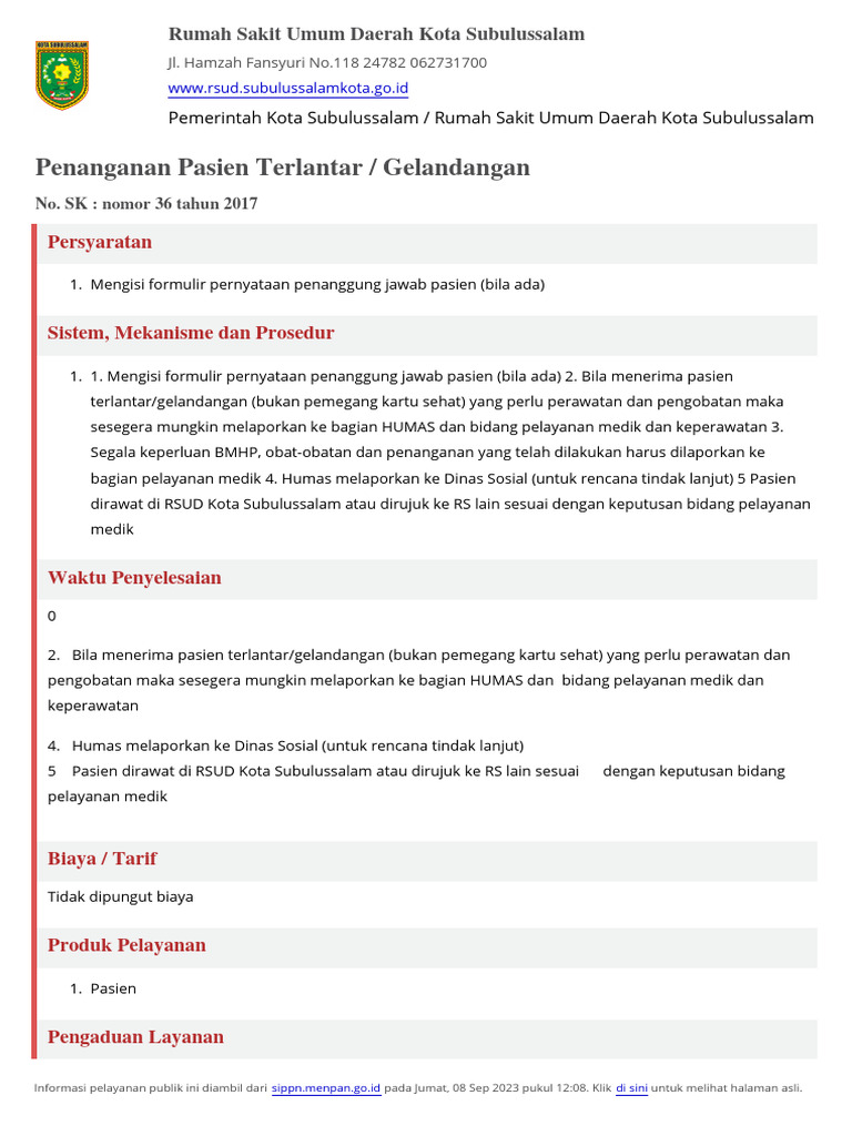 RSUD Standar Pelayanan - Penanganan Pasien Terlantar Gelandangan | PDF