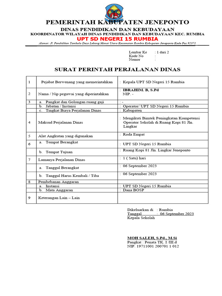 SPPD Bimtek Peningkatan Kompetensi Operator Sekolah Upt SDN 15 Rumbia | PDF