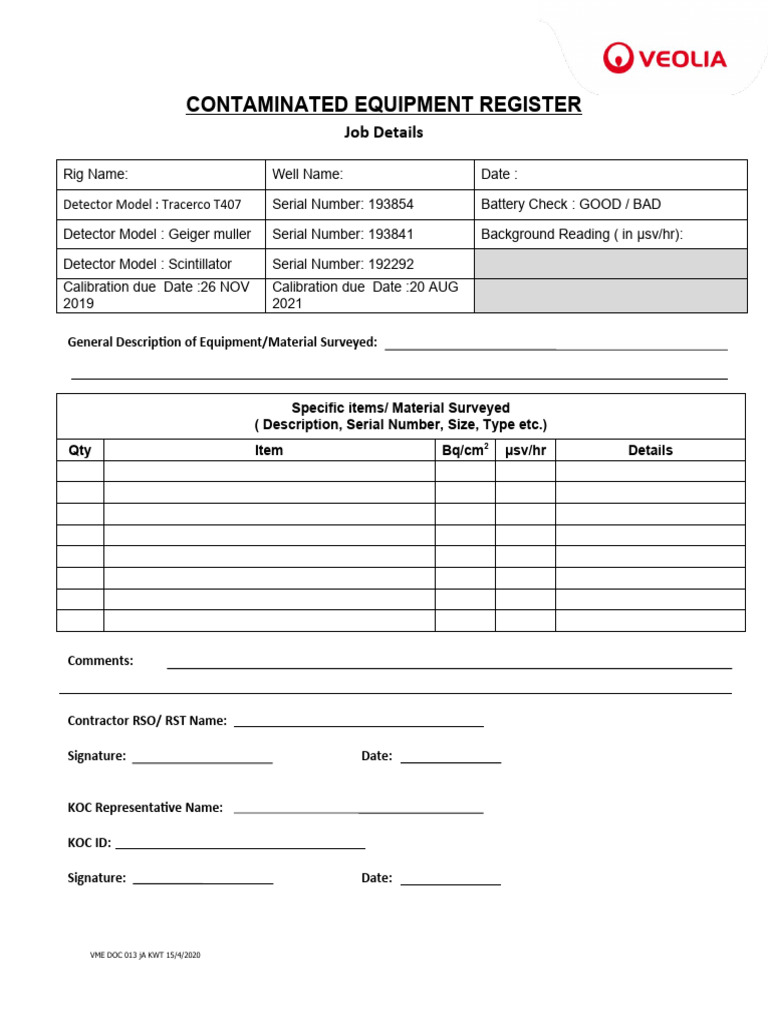 Contaminated Equipment Log | PDF