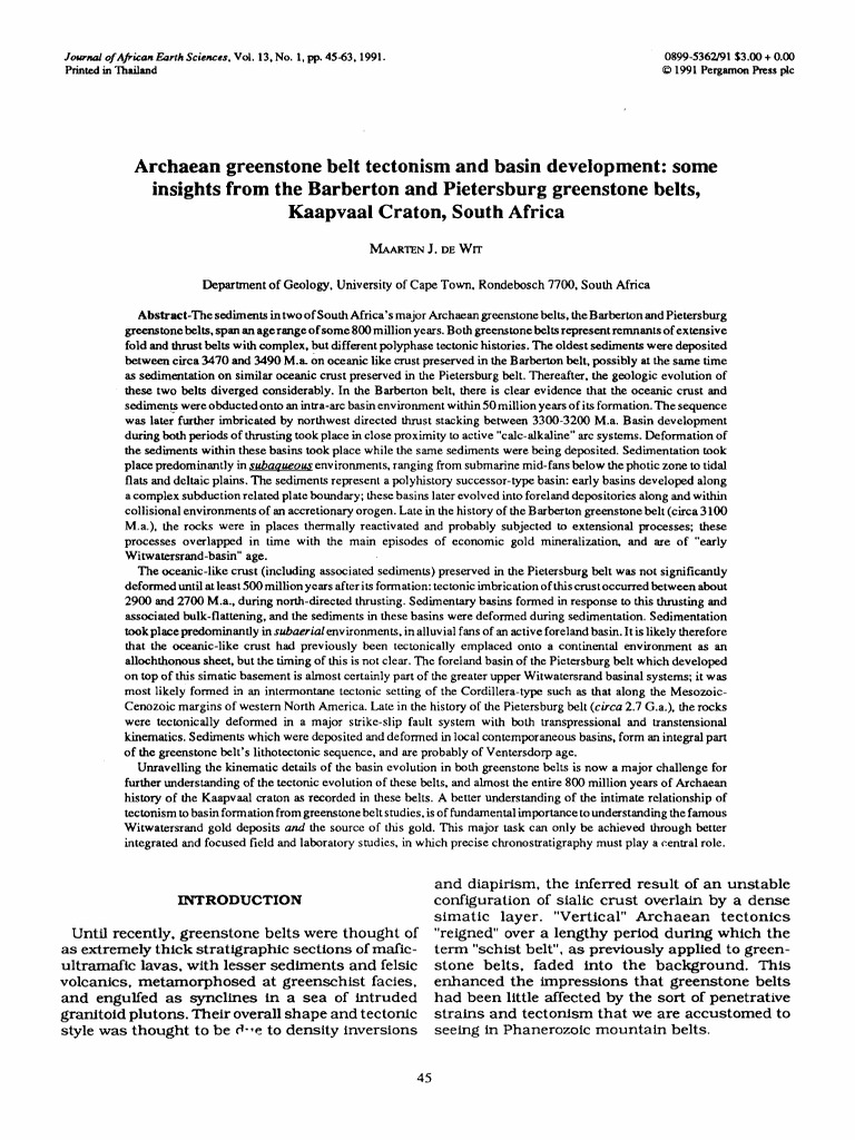 Archaean Greenstone Belt Tectonism and Basin Development | Download ...