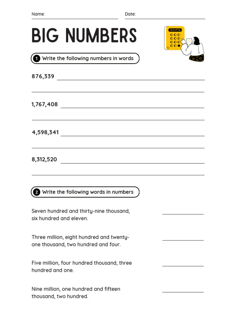 Big Numbers Math Worksheet | PDF