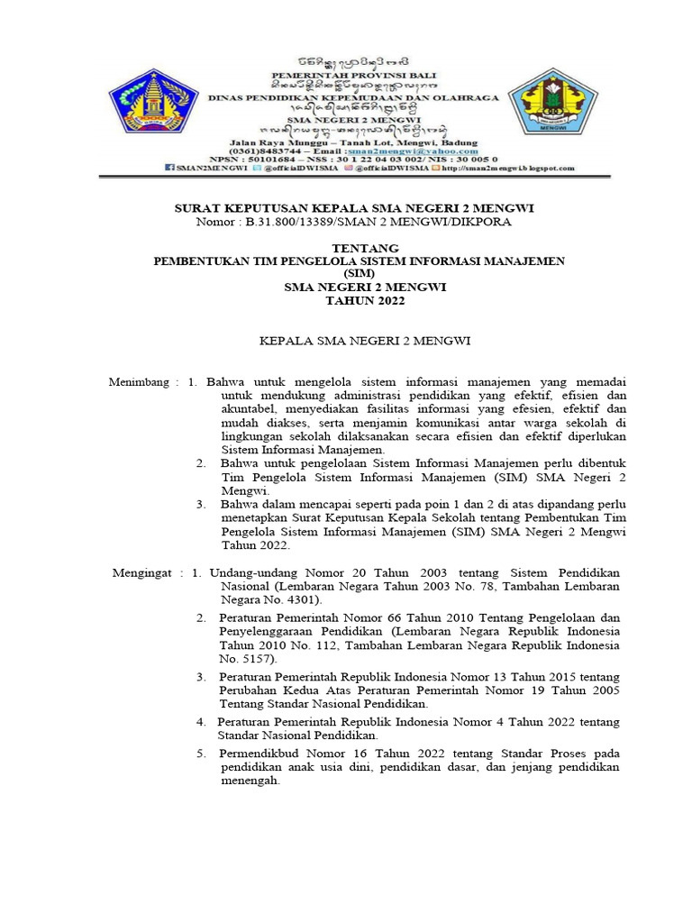 Pembentukan Tim SIM SMA Negeri 2 Mengwi | PDF