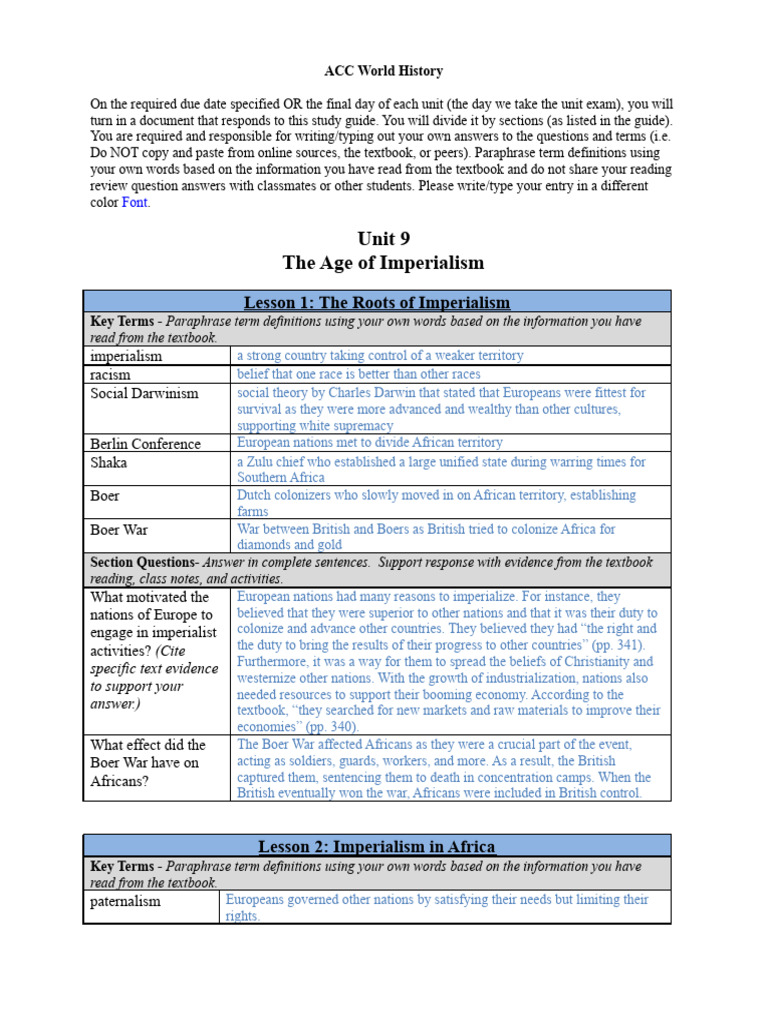 Accwh Unit 9 Study Guide | Download Free PDF | Imperialism | British Empire