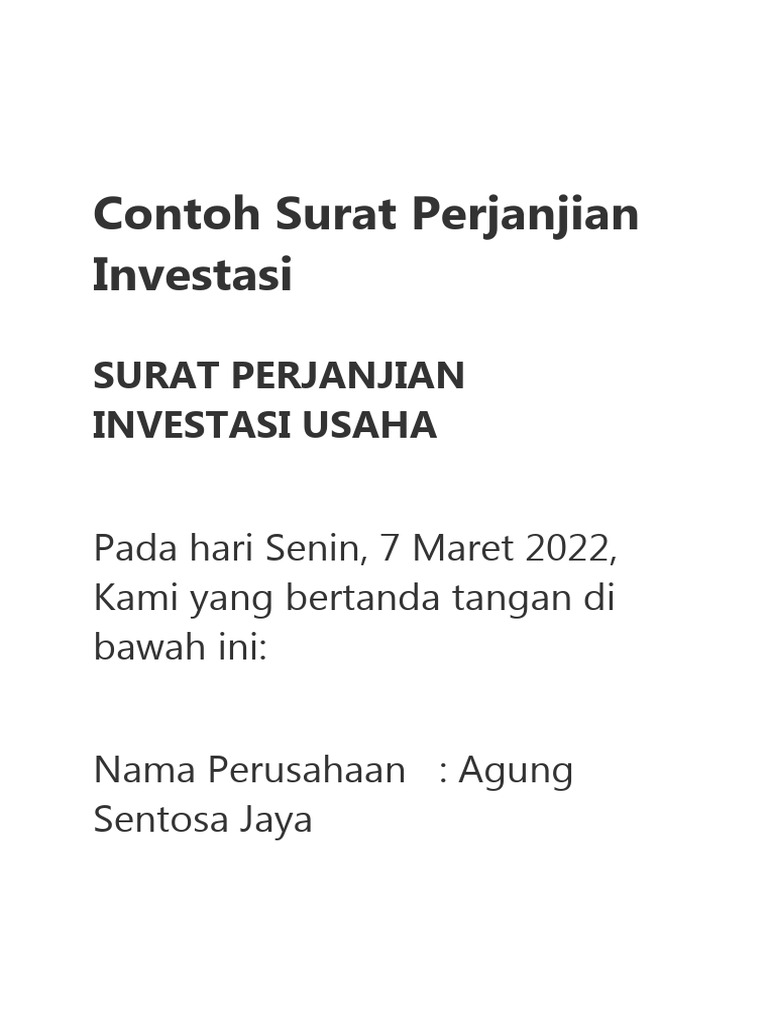 Contoh Surat Perjanjian Investasi Pdf