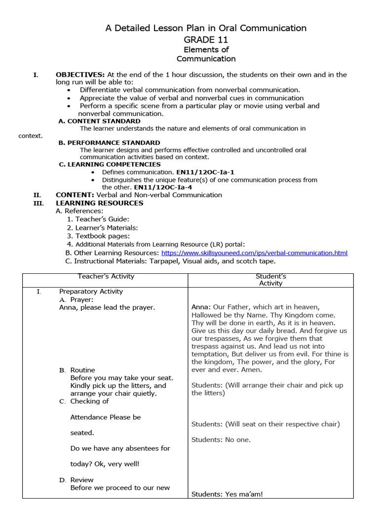A Detailed Lesson Plan in Verbal and Non Verbal Communication | PDF ...