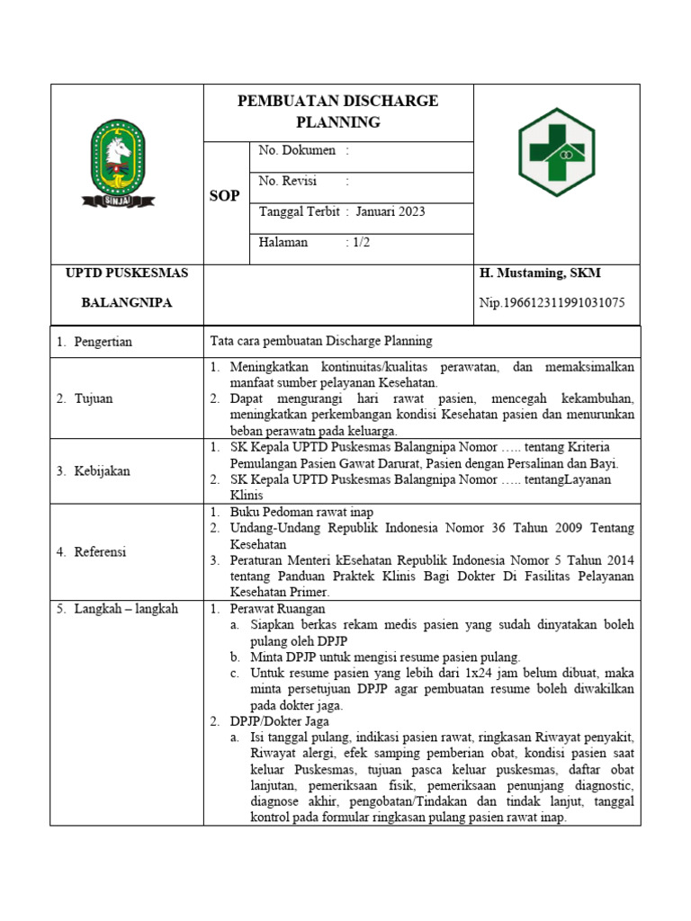 7.sop Pembuatan Discharge Planning | PDF