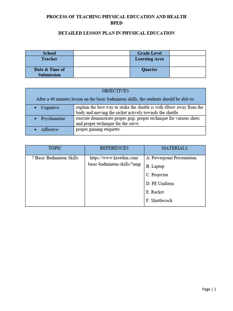 Badminton Skills Lesson Plan | PDF | Athletic Sports | Ball Games