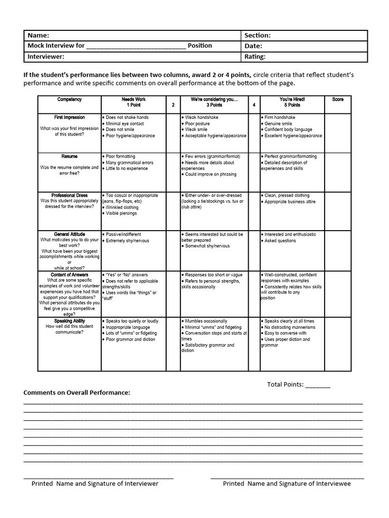 2 Mock Interview Rubrics and Sample Questions | PDF | Clothing | Body ...