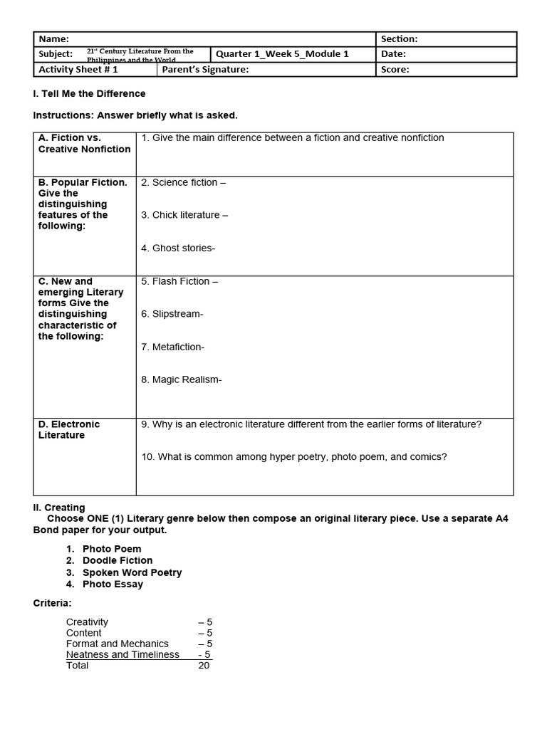 21st Century Lit Activity Sheet | PDF