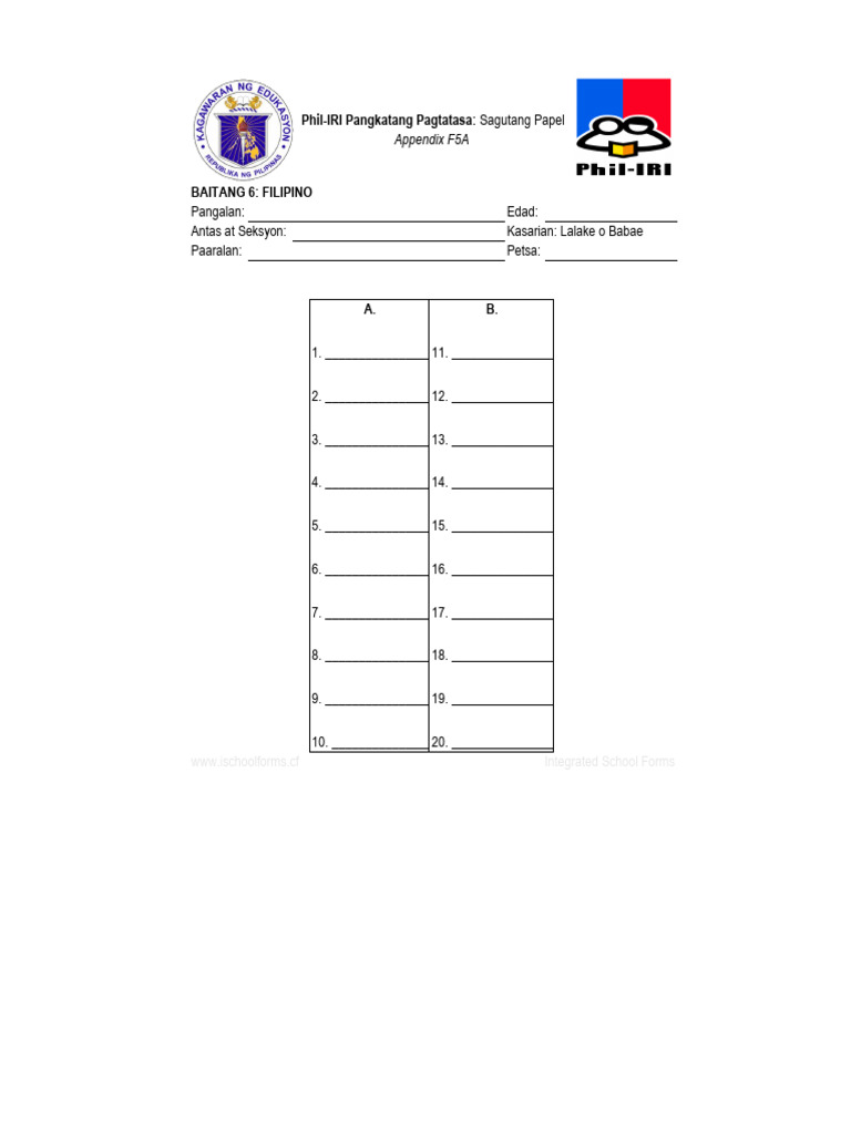 Grade 6 Phil-IRI Answer Sheet | PDF