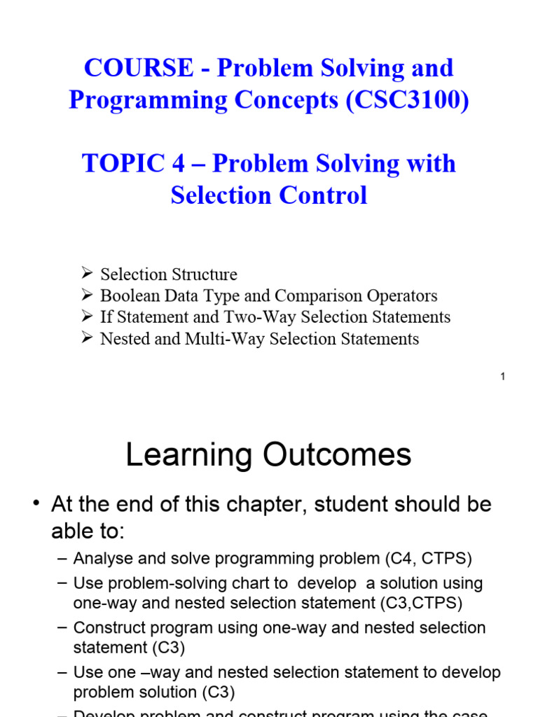 Topic4 - Problem Solving With Selection Control | PDF | Boolean Data Type | Payroll Tax