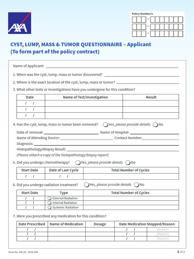 Cyst Lump Mass Tumor+questionnaire Applicant | PDF | Radiation Therapy ...