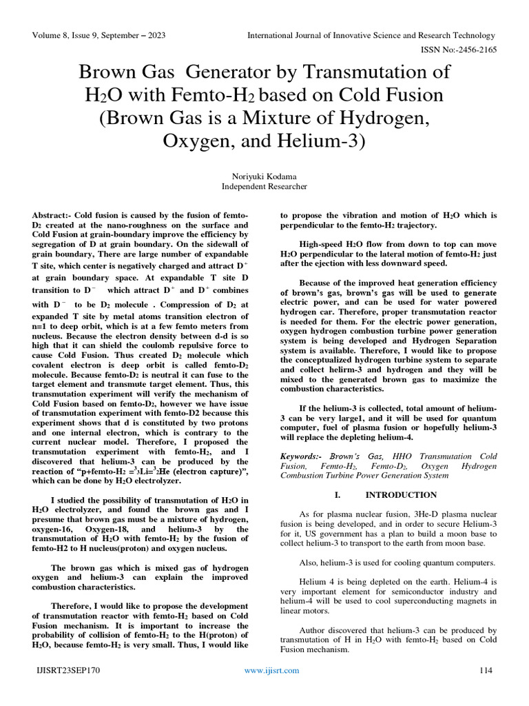 Brown Gas Generator by Transmutation of H2O With Femto-H2 Based On Cold ...
