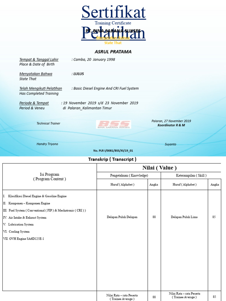 Sertifikat - Basic Engine Diesel - ASRUL PRATAMA | PDF | Vehicles | Engines