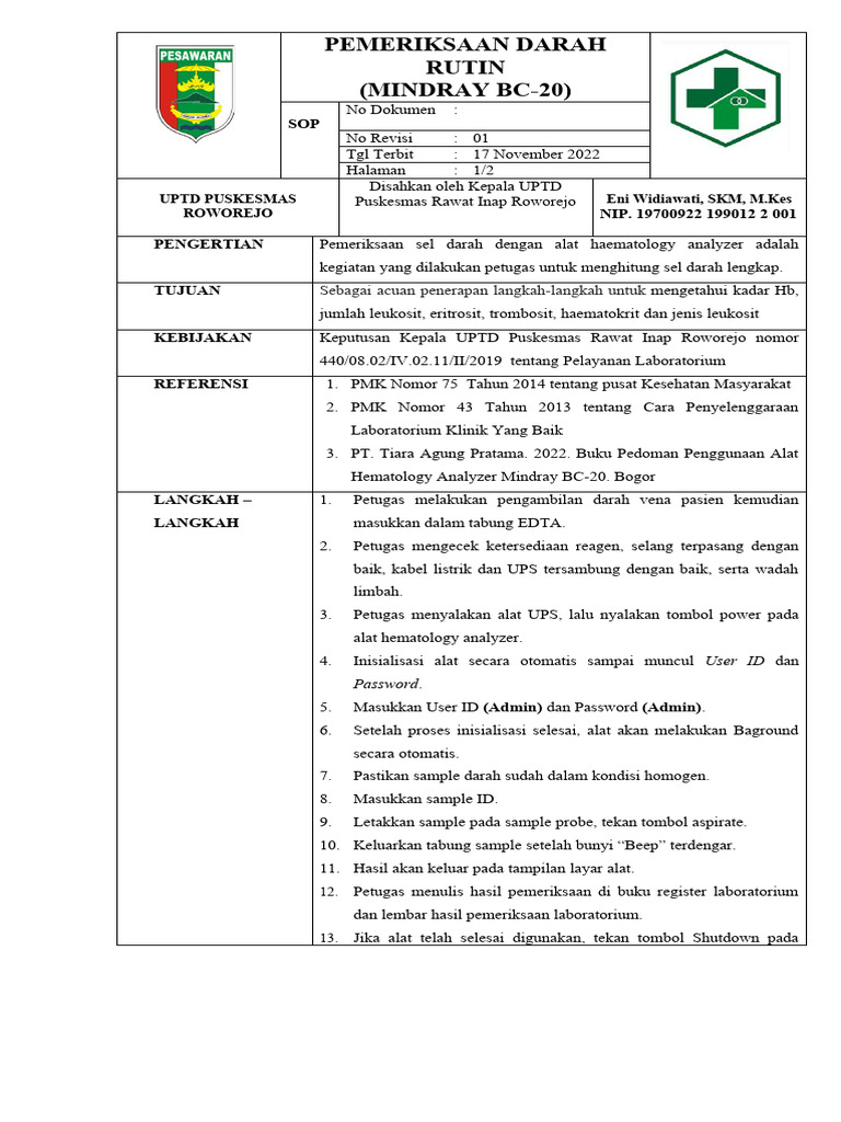Sop Pemeriksaan Darah Rutin | PDF