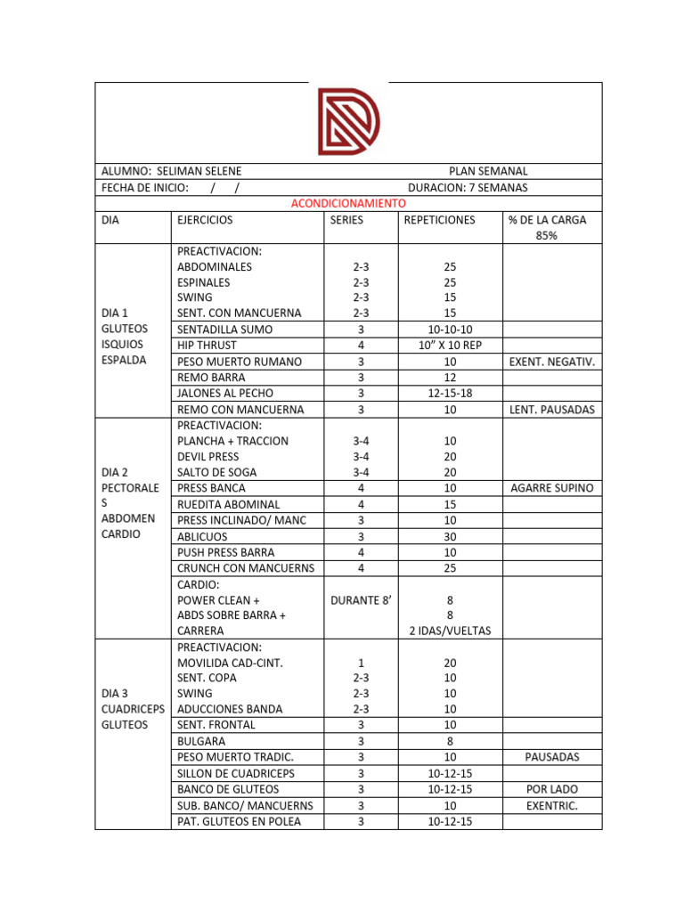 Plan Semanal de Entrenamiento de 7 Semanas | PDF | Determinantes de la ...