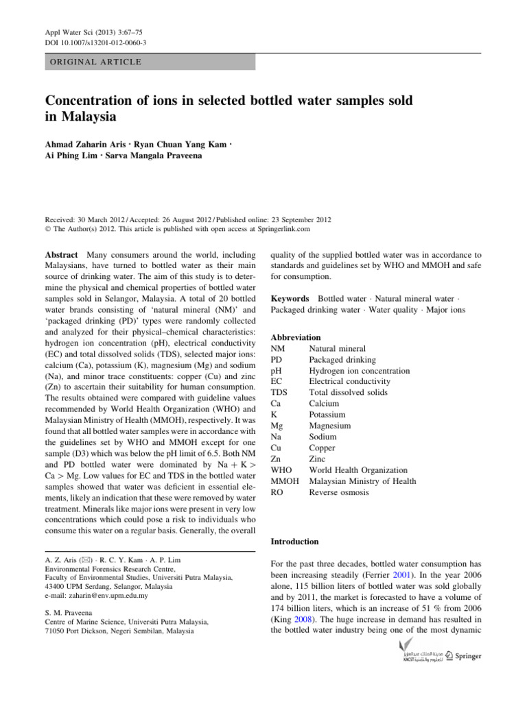 Concentration of Ions in Selected Bottled Water Samples Sold in Malaysia | Download Free PDF ...