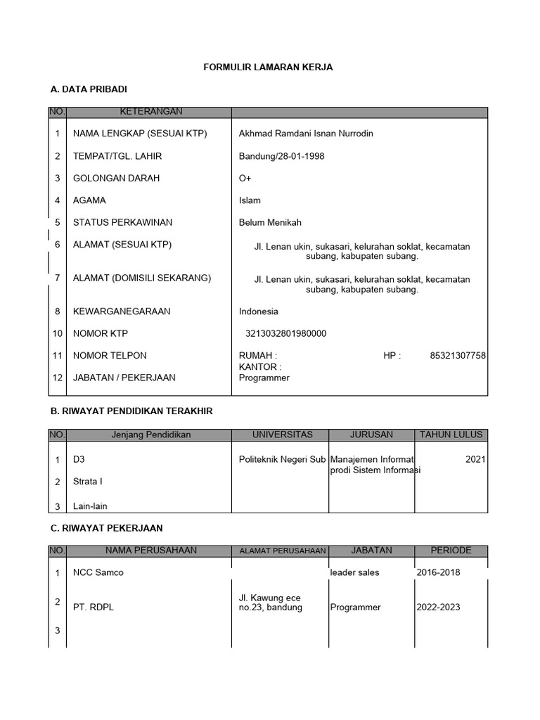 Form Lamaran Kerja | PDF