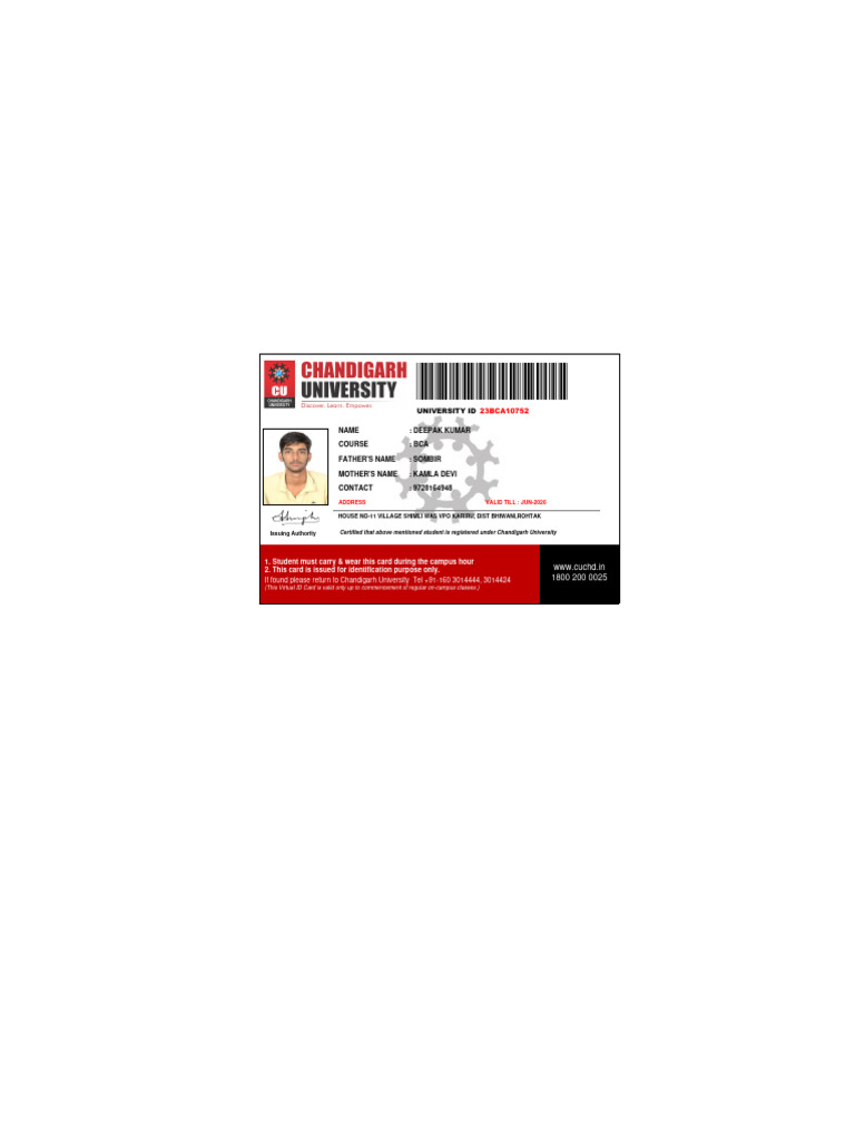 Chandigarh University BCA Student ID Card | PDF