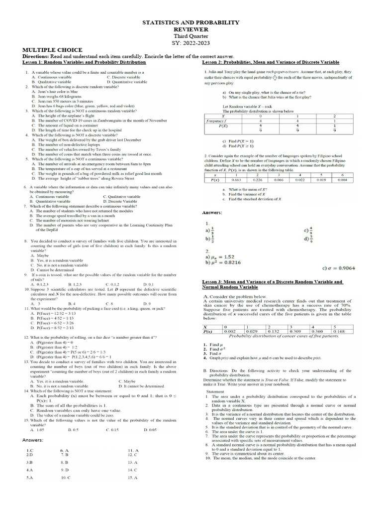 Statistics and Probability-Reviewer-Third-Quarter | PDF