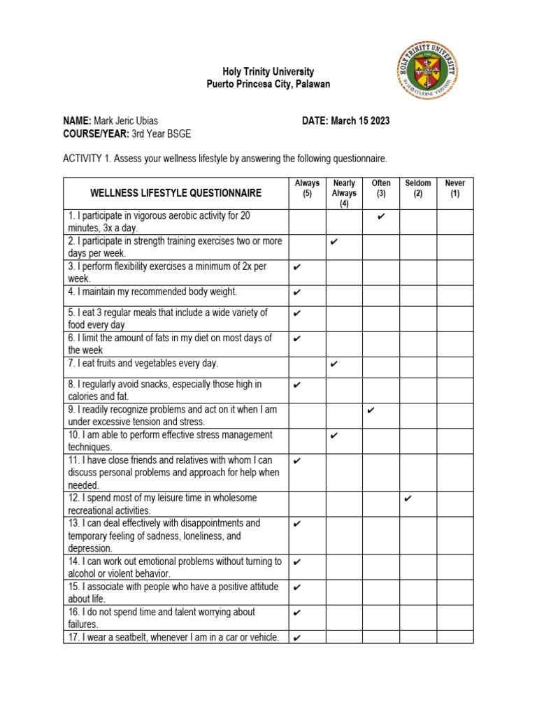 Wellness Lifestyle Questionnaire for Students | PDF | Dieting ...