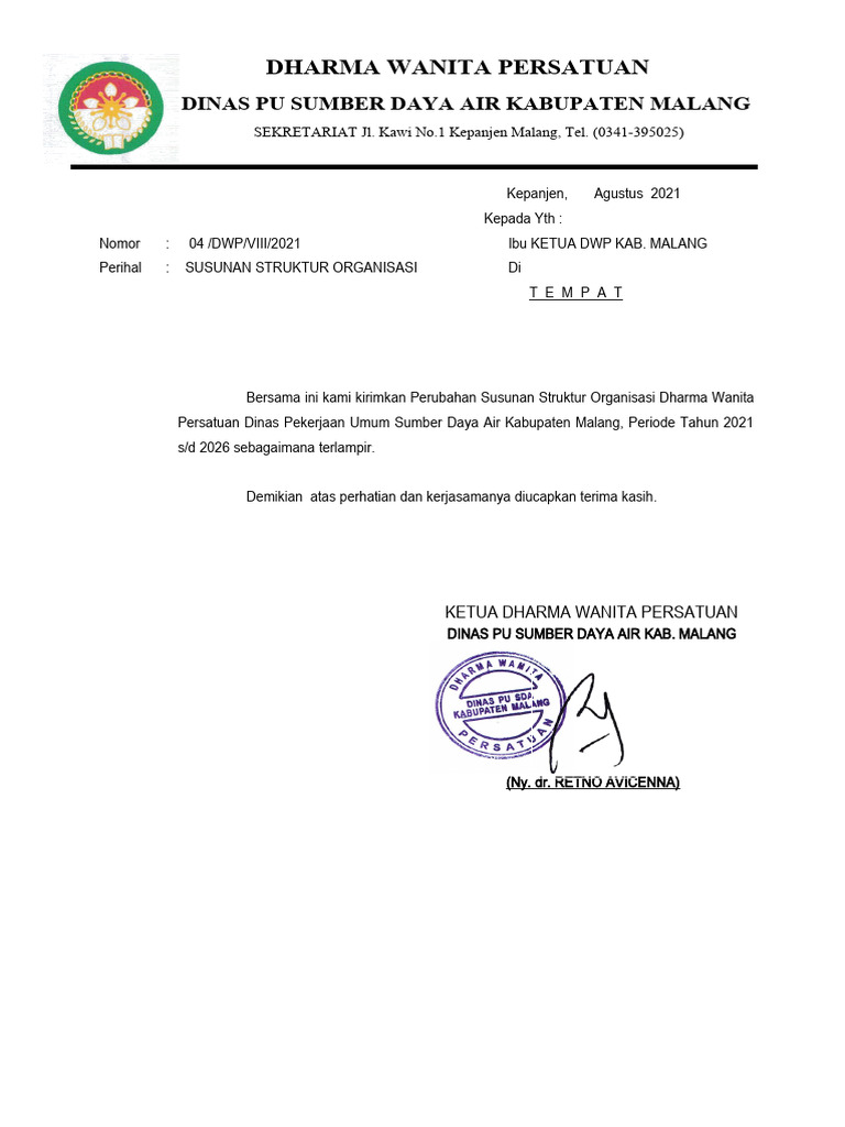 Surat Pergantian Pengurus DWP PUSDA Kab. Malang - 2021 | PDF