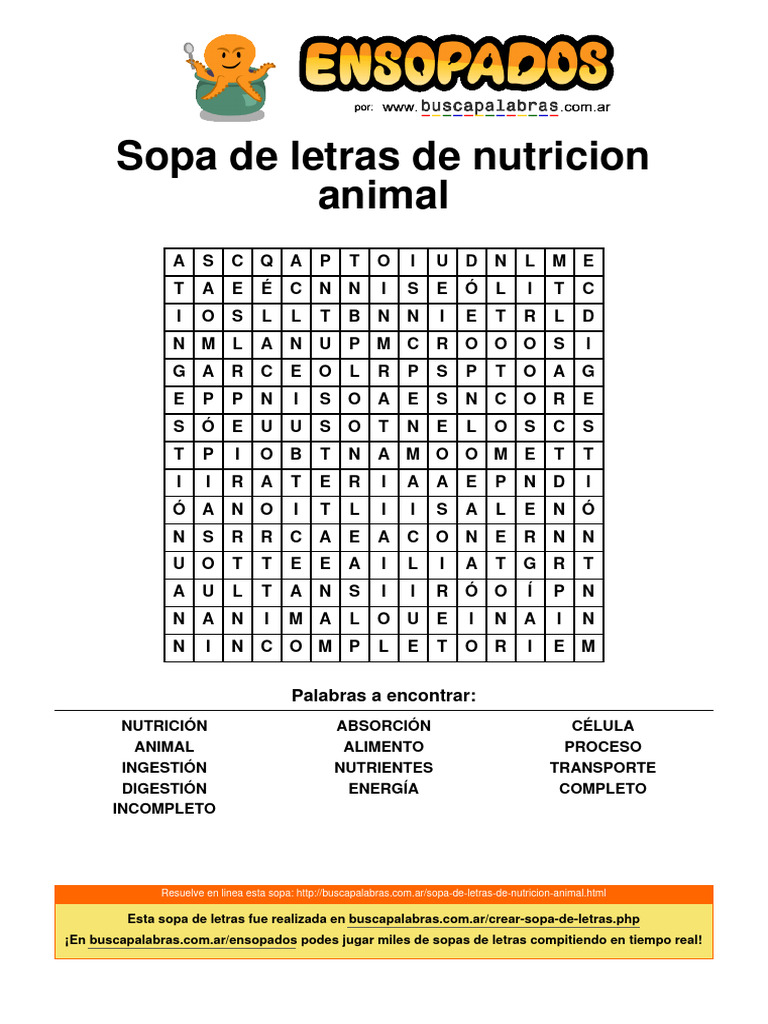 Sopa de Letras: Nutrición Animal | PDF