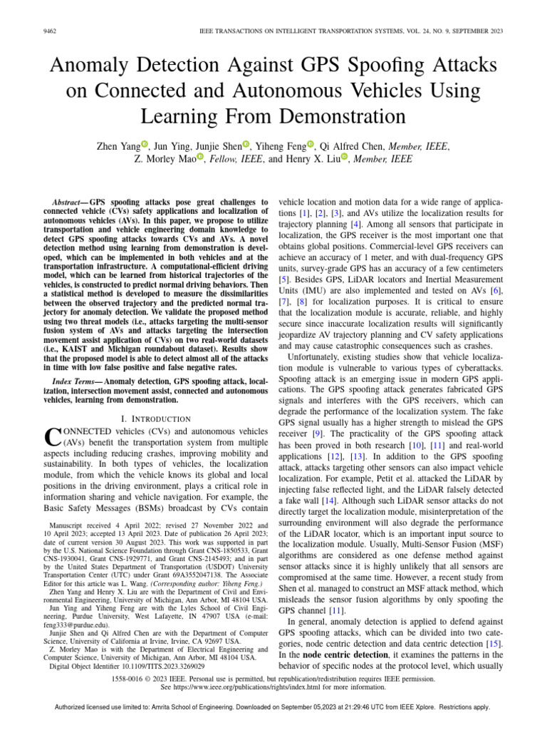 Anomaly Detection Against Gps Spoofing Attacks On Connected And Autonomous Vehicles Using