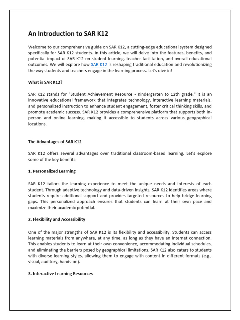 An Introduction To SAR K12 | PDF | Learning | Teachers