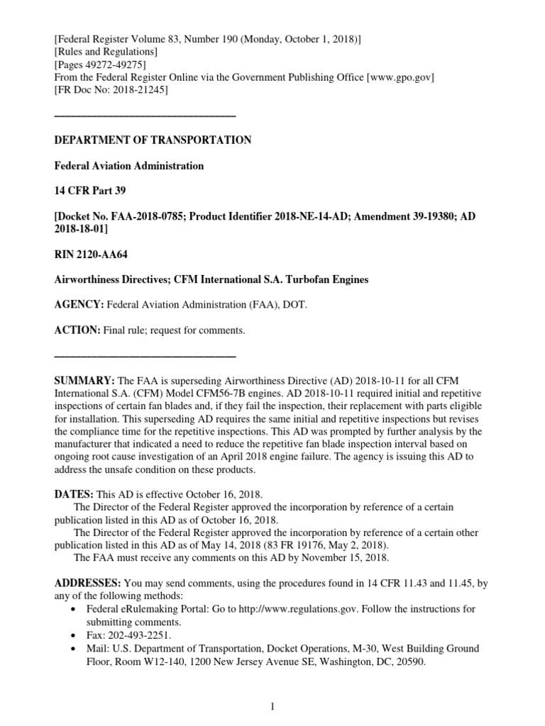 Faa Ad 2018-18-01 | PDF | Federal Aviation Administration | Transport
