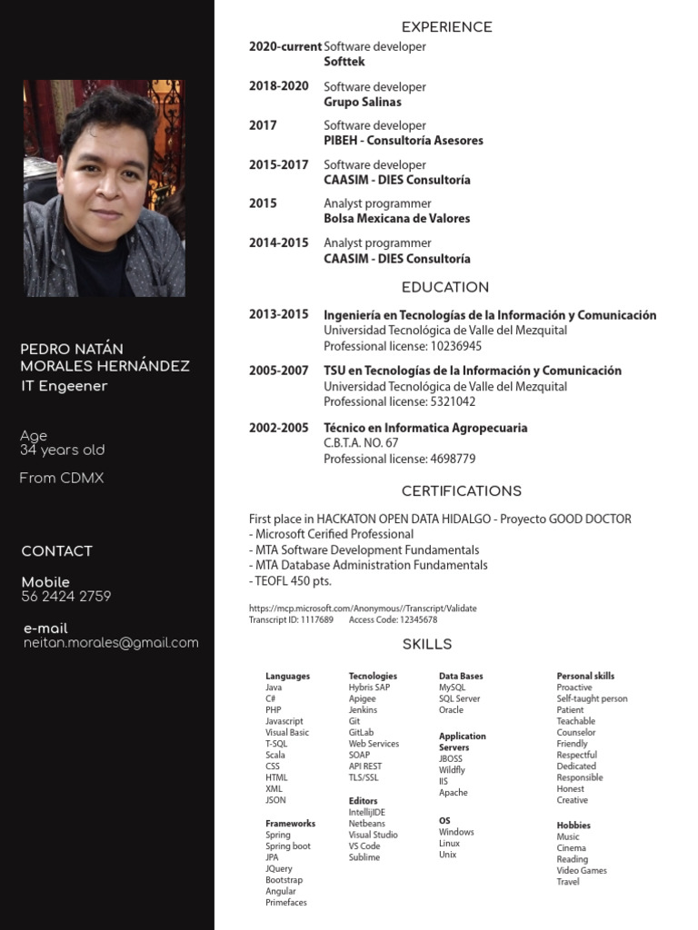 CV Pedro Natan Morales Hernandez en | PDF | Net Beans | Applications & Software