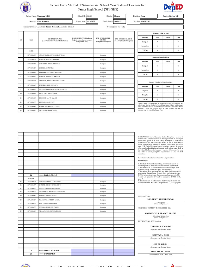 School Form 5a SF 5a 1st&2nd Sem 2023 | PDF