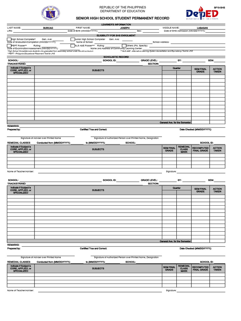 School Form 10 SF10-SHS Senior High School Student Permanent Record | PDF | Middle Schools | Science