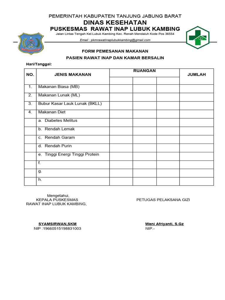 FORM PEMESANAN MAKANAN PASIEN | PDF