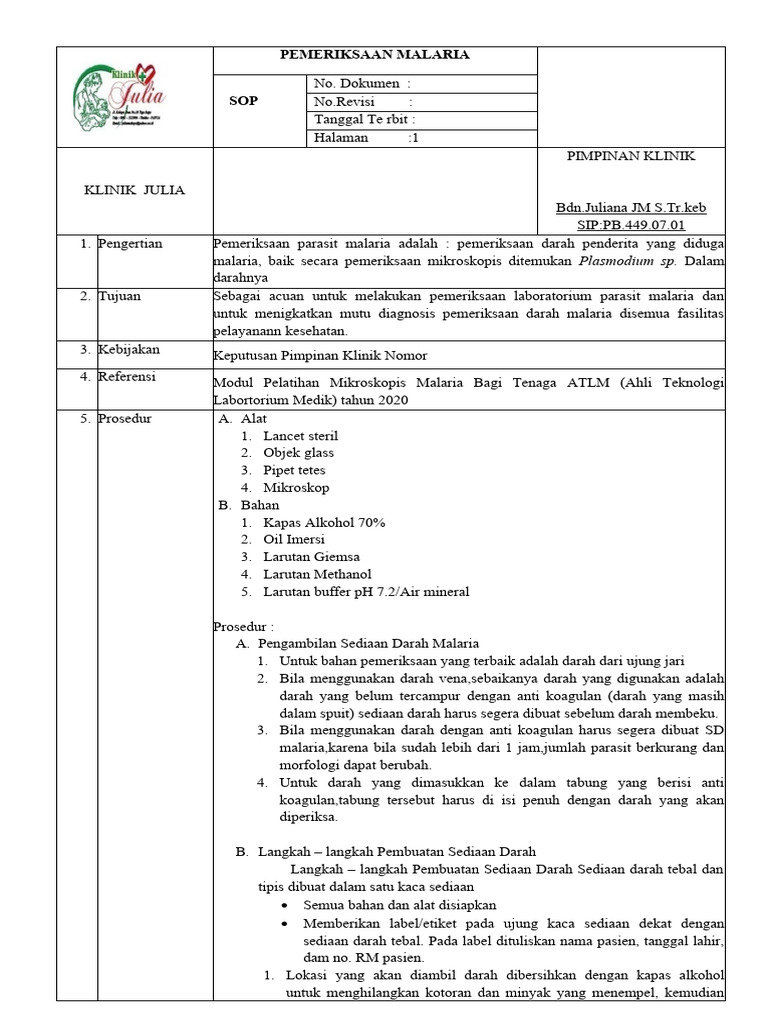SOP Pemeriksaan Malaria | PDF