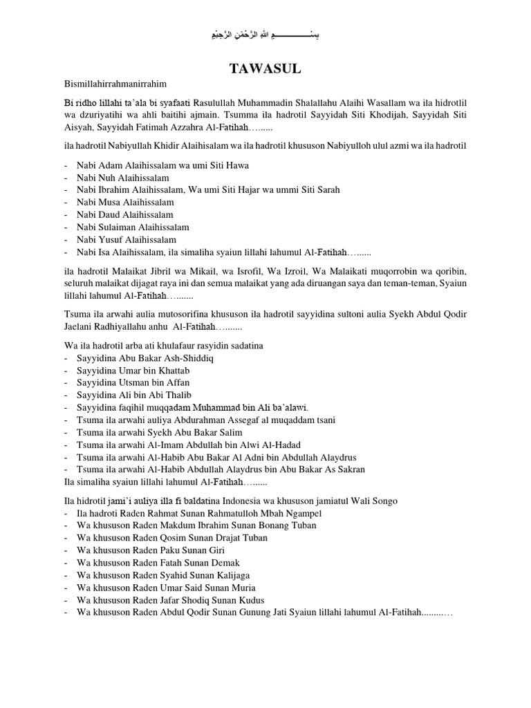 Draft Tawasul, Yasin Fadillah, Sholawat Dan Doa. | PDF
