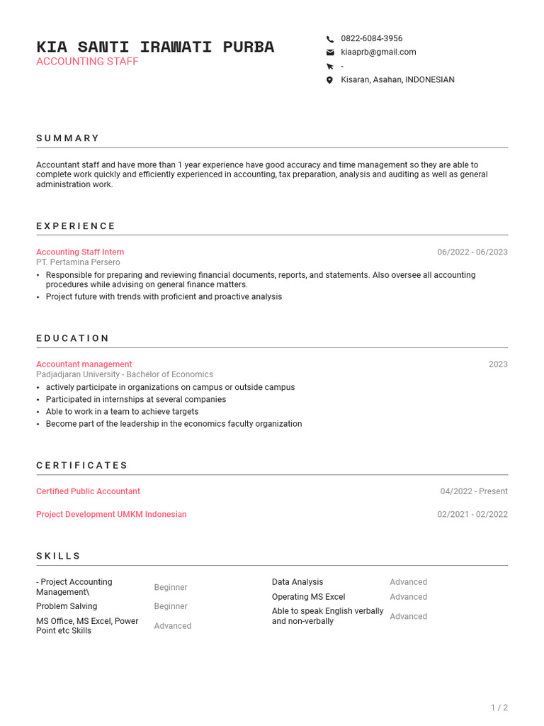Kia Santi Irawati Purba - Accounting Staff - CV | PDF | Accounting | Business Economics