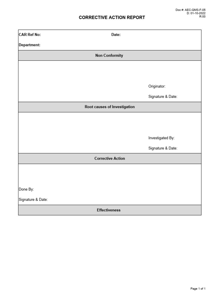 F 05 Corrective Action Form Pdf