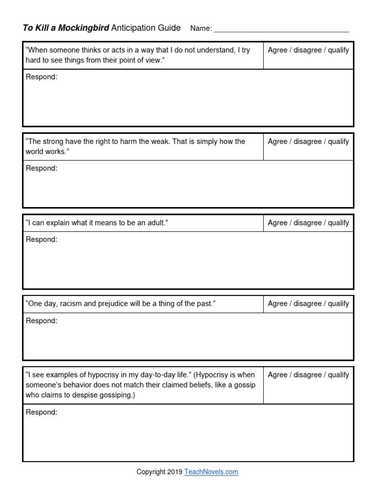 To Kill A Mockingbird Anticipation Guide | PDF | Self-Improvement ...