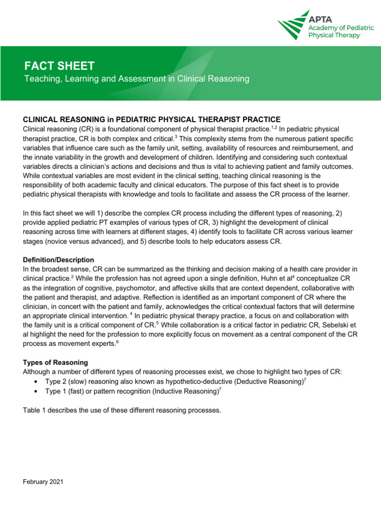 Fact Sheet PediatricAPTA ClinicalReasoning-TeachingLearningAssessment ...
