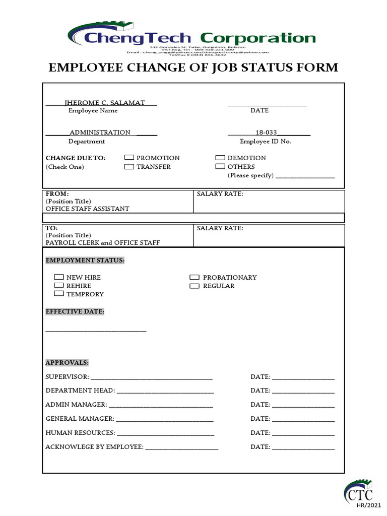 Employee Change of Job Status Form | PDF | Human Resources | Employment