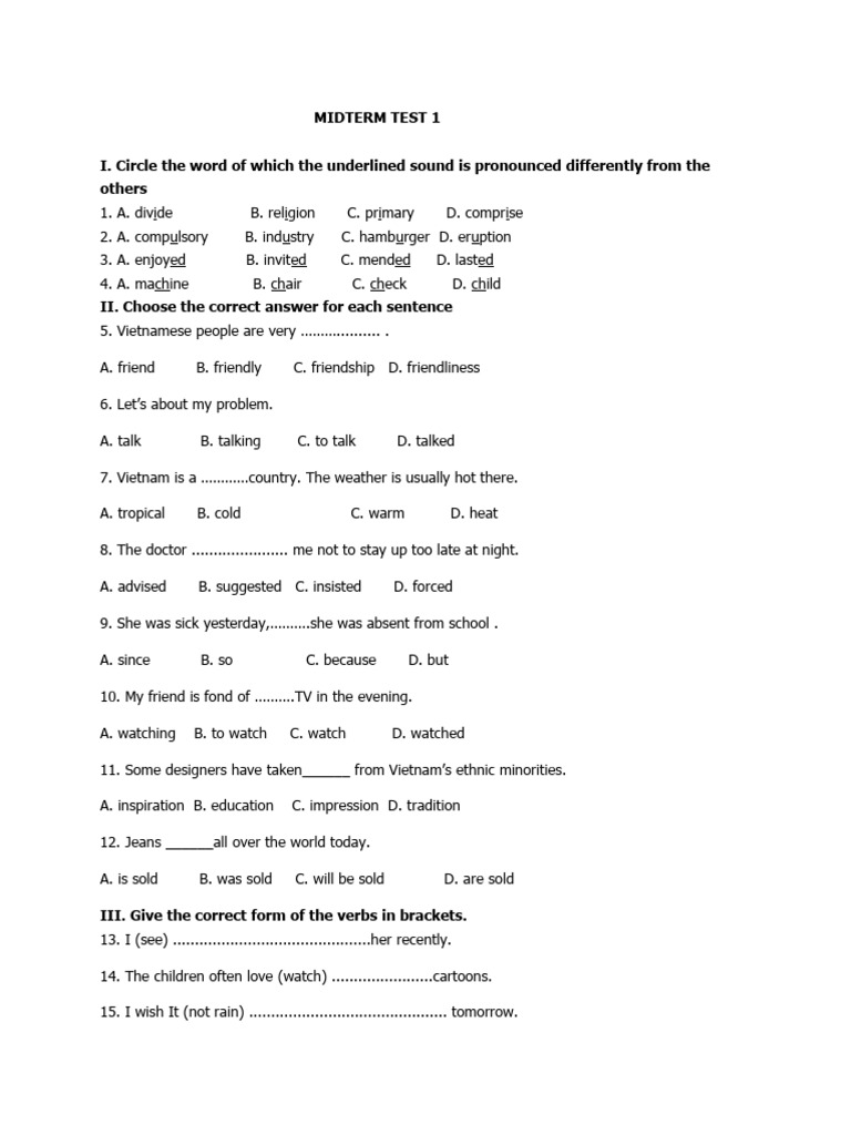 Midterm Test 1: English Language Skills | PDF