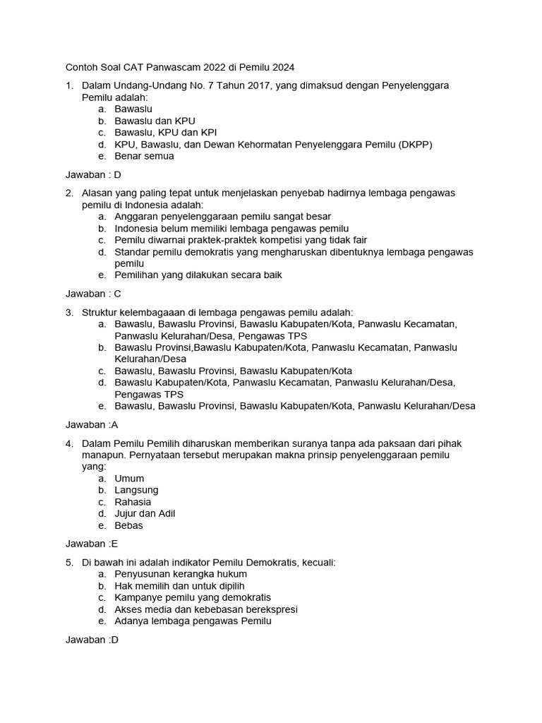 Contoh Soal Cat Panwascam 2022 | PDF
